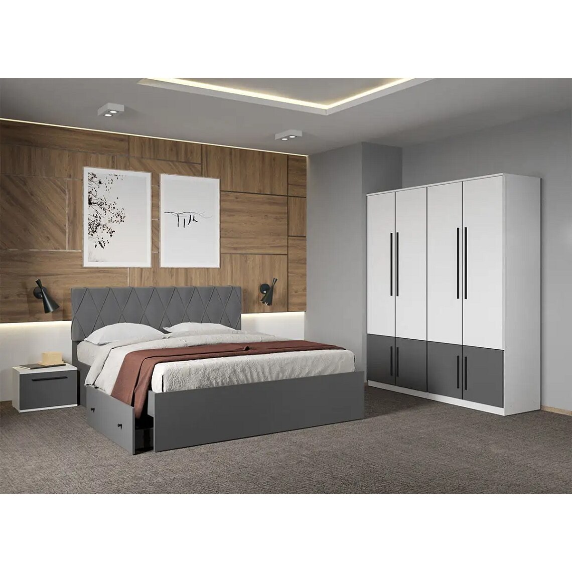 Set dormitor, fara Comoda, Alb cu Gri Antracit, Sidney, C18, Pat ...