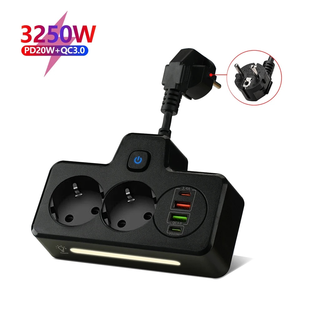 Priza multipla PD20W + QC3.0 cu 2 USB 3.4A, lampa cu touch si lumina ...