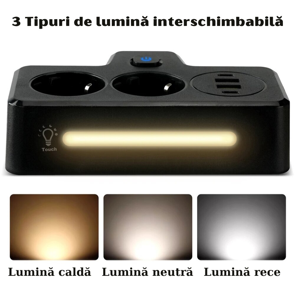 Priza multipla PD20W + QC3.0 cu 2 USB 3.4A, lampa cu touch si lumina ...
