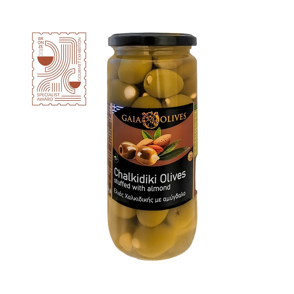 Masline cu umplutura de migdale, Gaia Olives, Sticla, 480g/285g ...