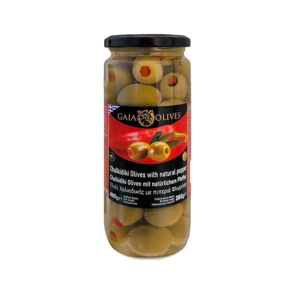 Masline umplute cu ardei rosu si piper, Gaia Olives, Sticla, 480g/285g ...