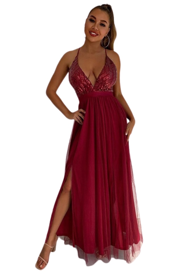 Rochie lunga eleganta cu decolteu din paiete, cu spatele deschis ...