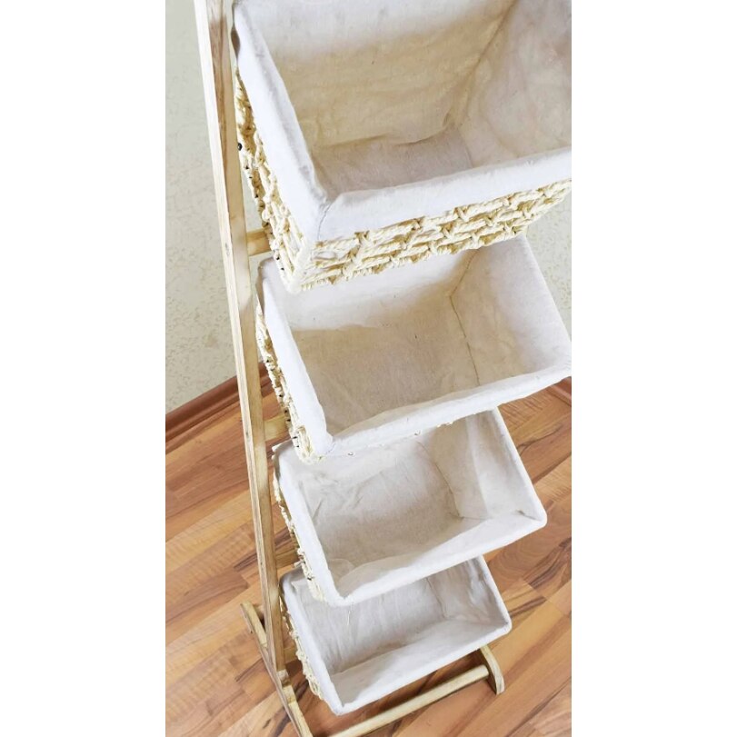 Raft depozitare, lemn, 4 cosuri detasabile cu husa, 125x35x35 cm, alb ...