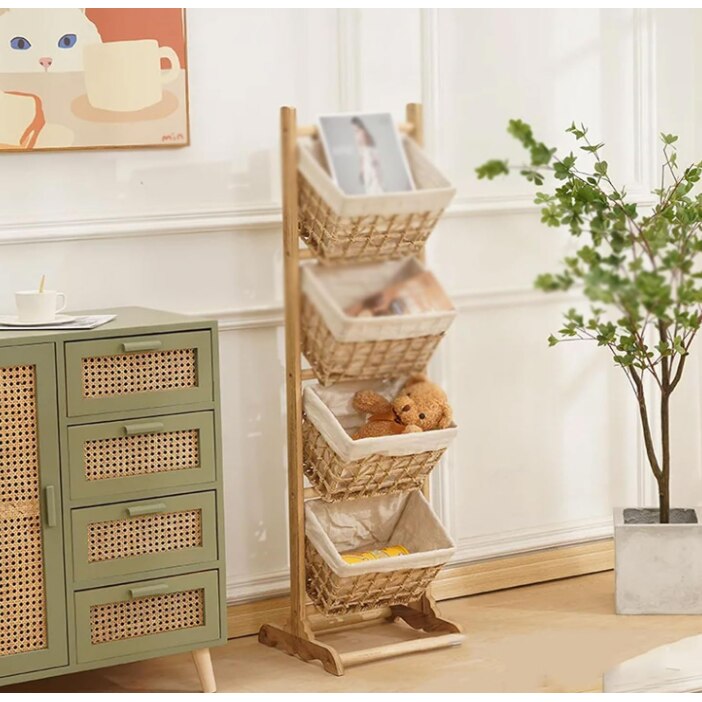 Raft depozitare, lemn, 4 cosuri detasabile cu husa, 125x35x35 cm, alb ...