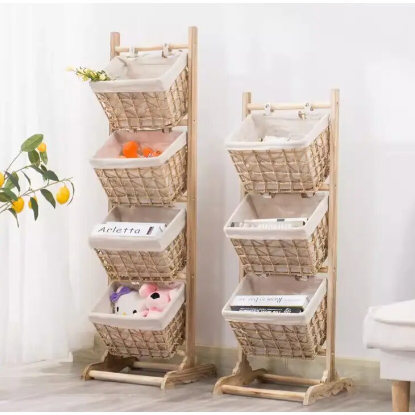 Raft depozitare, lemn, 4 cosuri detasabile cu husa, 125x35x35 cm, alb ...