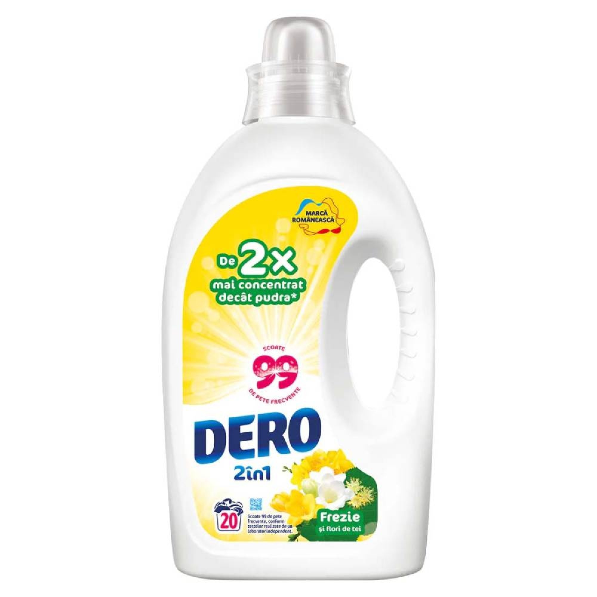 Течен перилен препарат Dero 2в1 Фрезия, 20 пранета, 1л - eMAG.bg