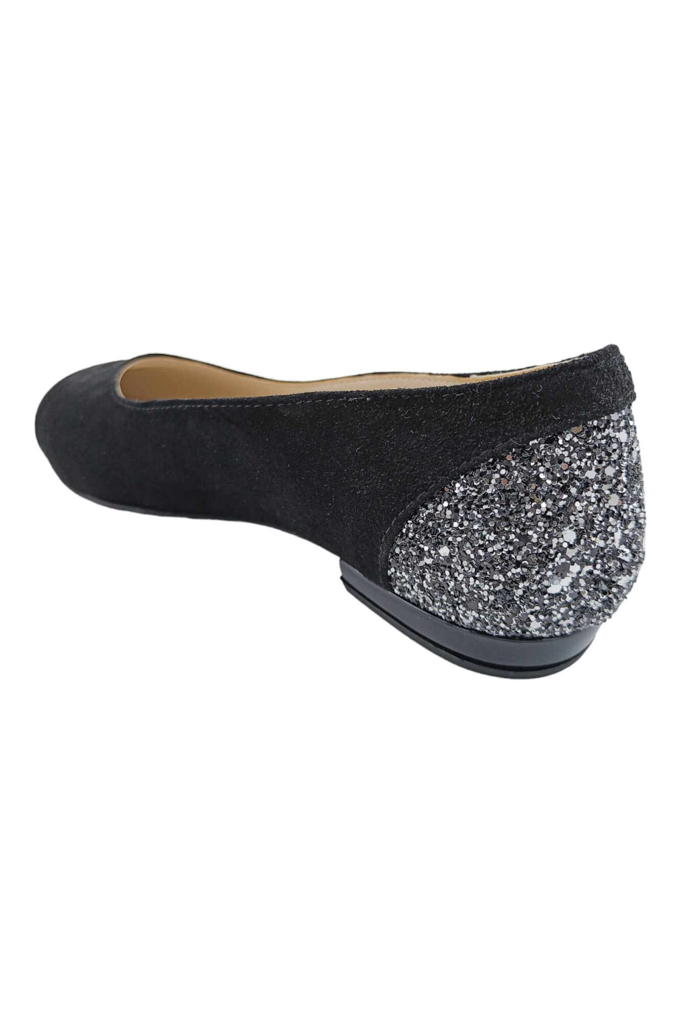 Balerini dama, piele naturala velur, varf ascutit, toc mic, glitter ...