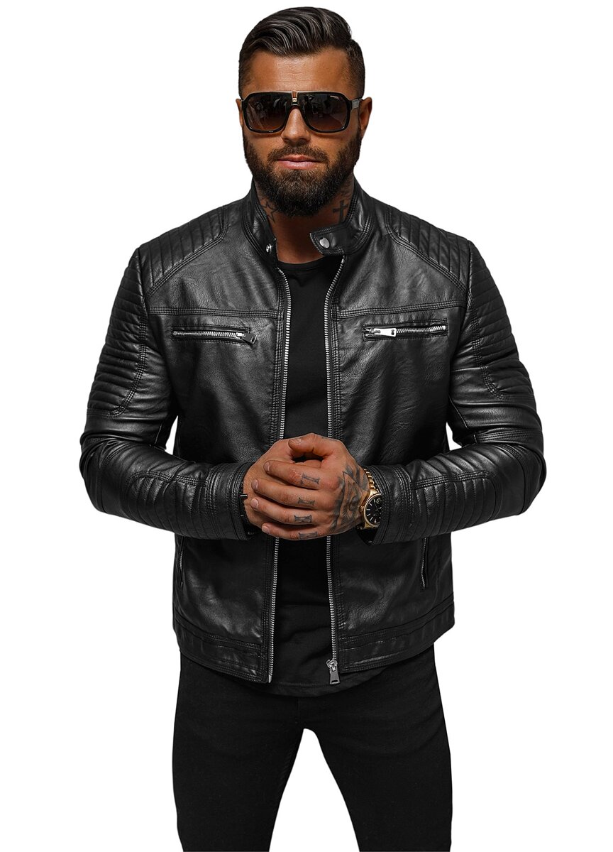 Geaca de piele barbati neagra OZONEE JS/11Z8053 XL - eMAG.ro