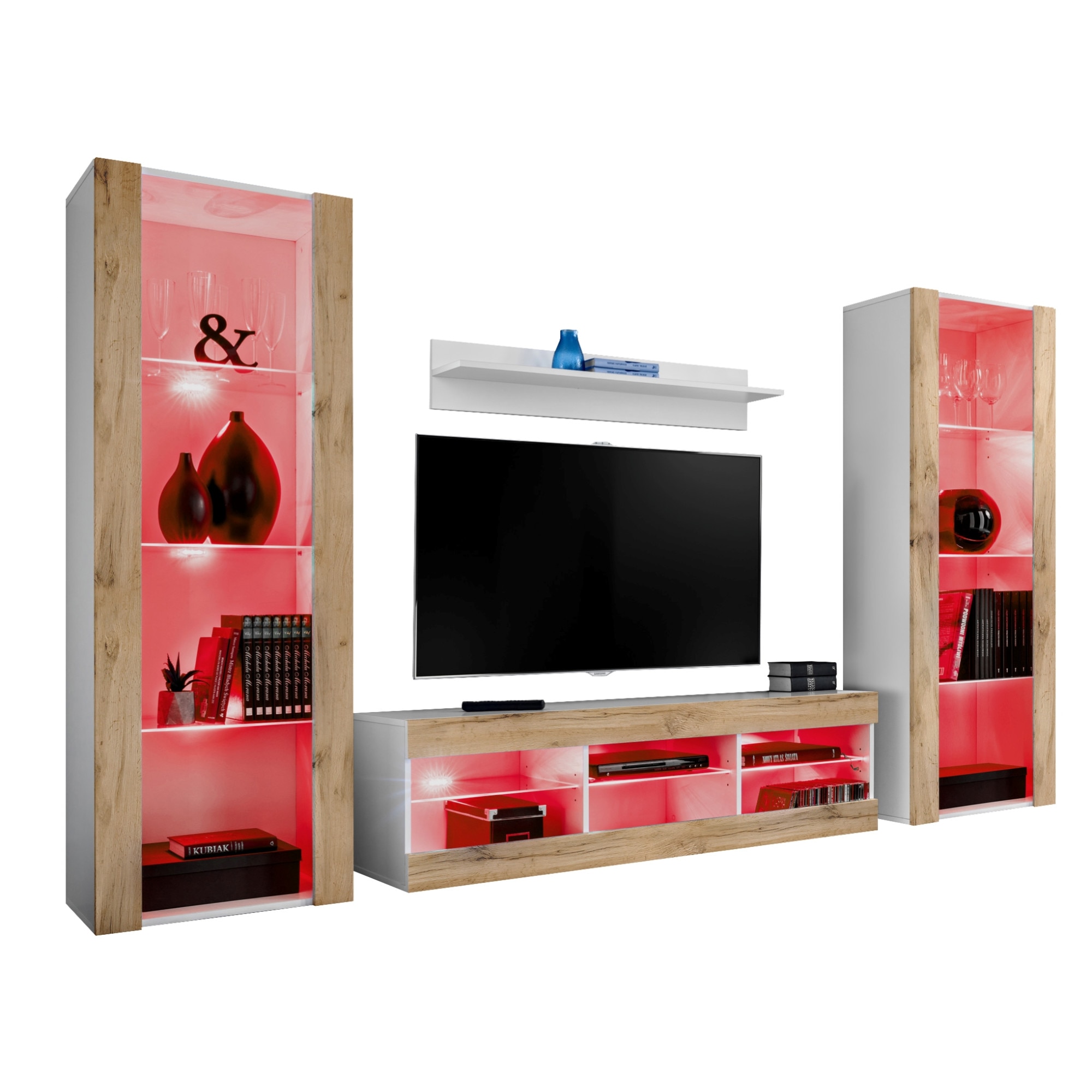 Set Mobila Living Tivoli Set Grande, Komodee, PAL, 250 x 159 x 35 cm, Alb/Wotan, LED RGB - eMAG.ro