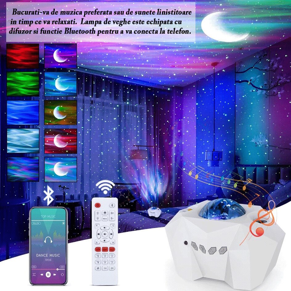 Lampa De Veghe Cu Proiectie Galaxie GREATON Proiector Stele, Luna, Boxa ...