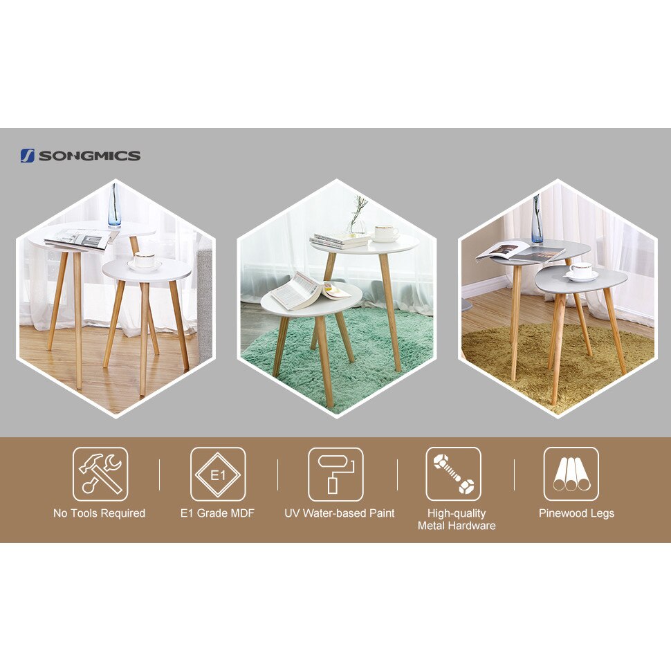 VASAGLE Masa de cafea, set de 2 bucati, picioare din lemn si blat MDF ...