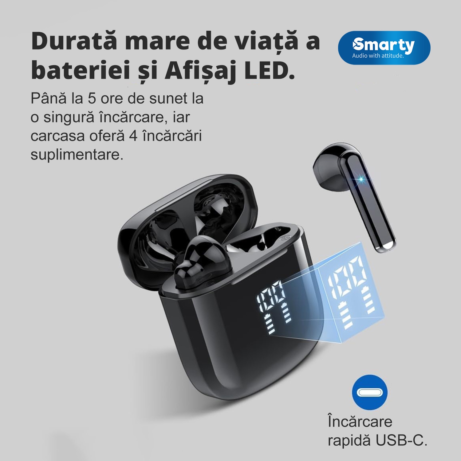 Casti audio wireless Smarty® Touch, fara fir, Bluetooth 5.3, Microfon ...