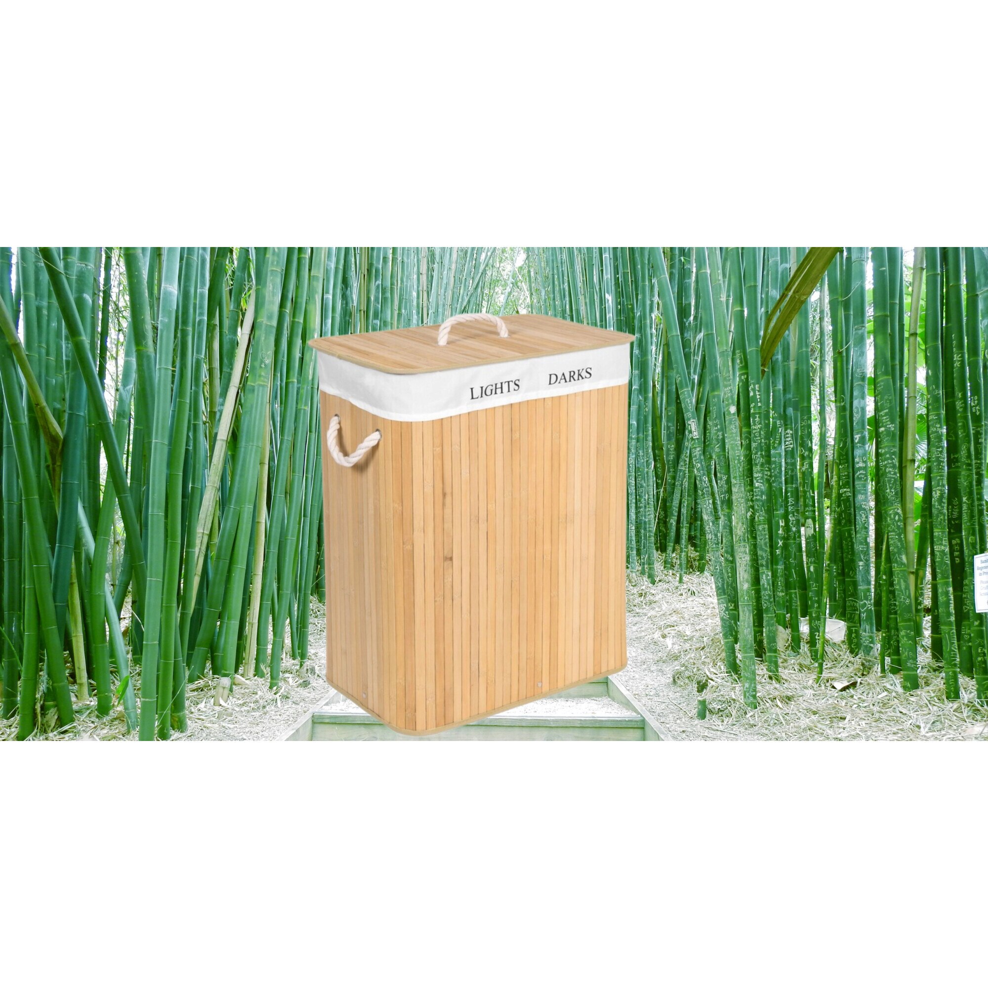 SONGMICS Cos de rufe din bambus cu capac, 2 compartimente, sac ...