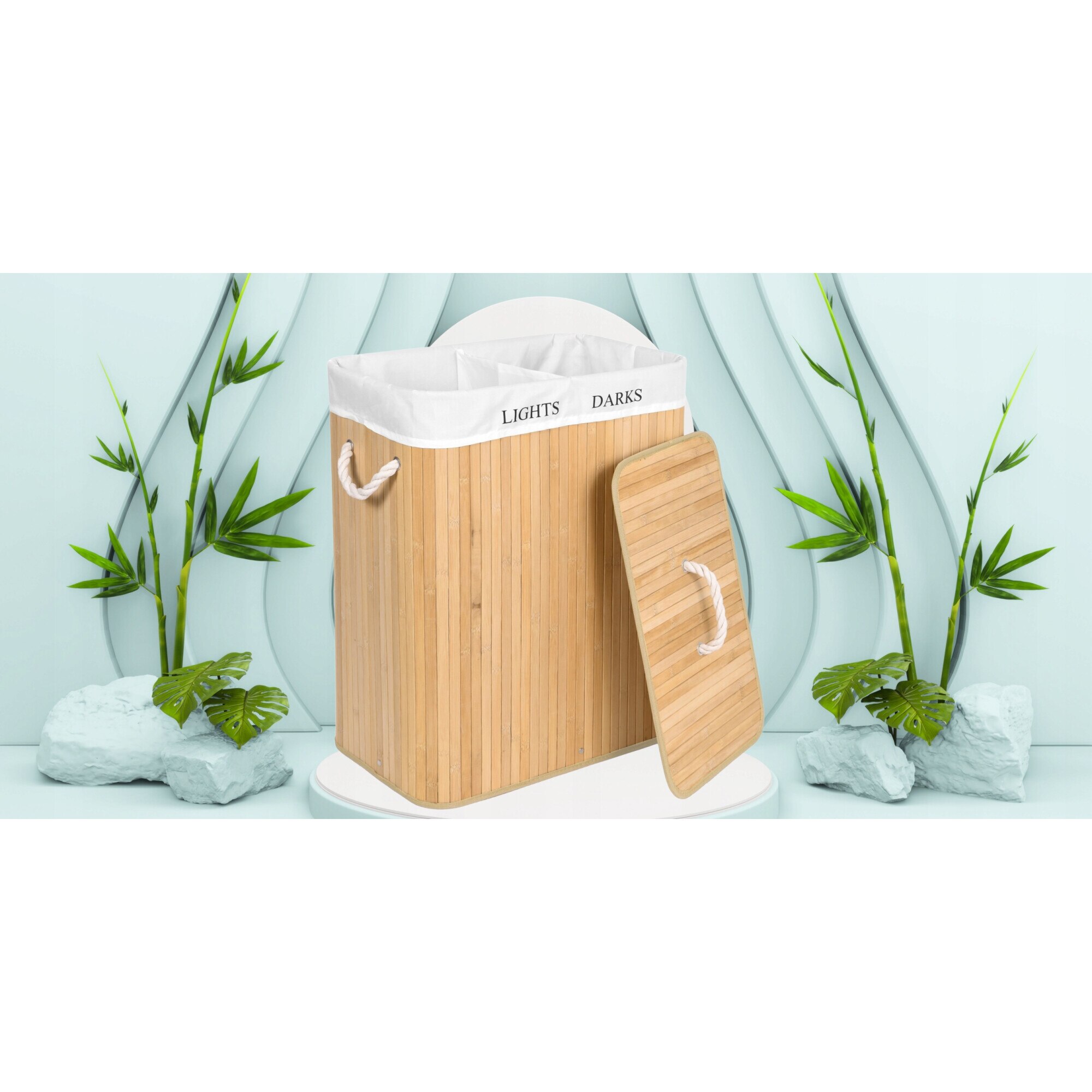 SONGMICS Cos de rufe din bambus cu capac, 2 compartimente, sac ...