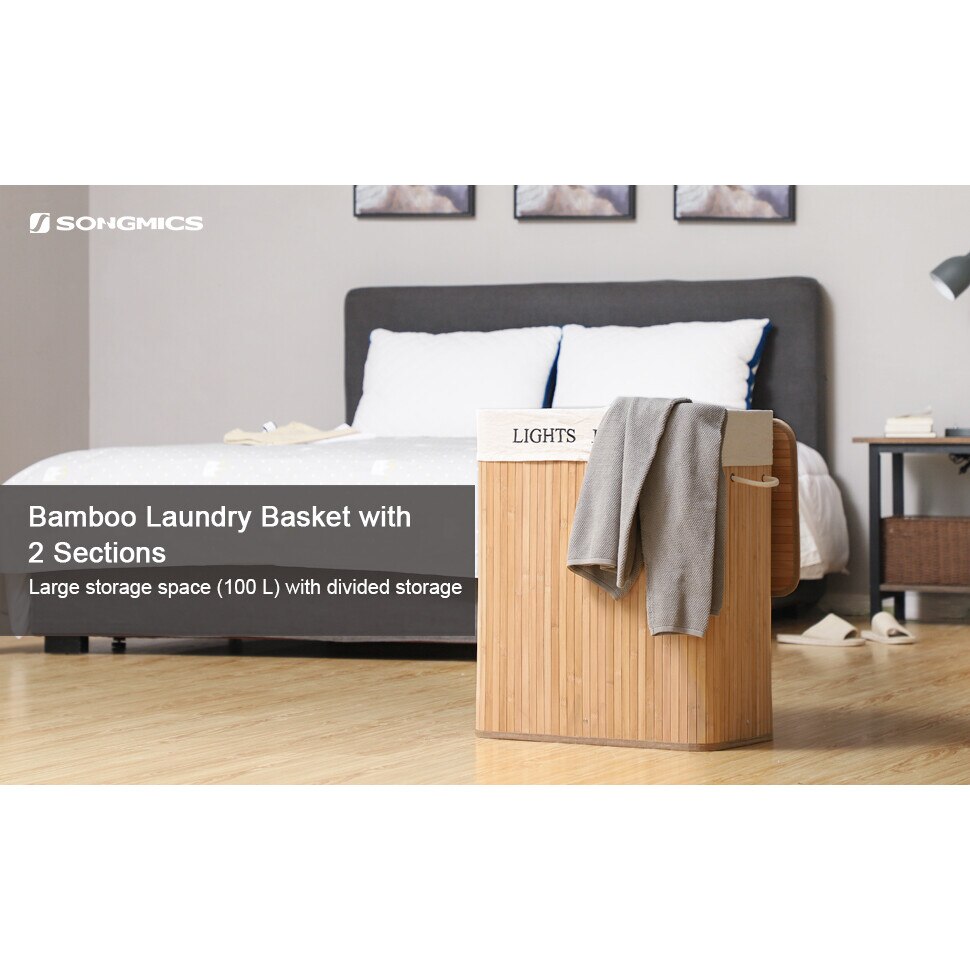 SONGMICS Cos de rufe din bambus cu capac, 2 compartimente, sac ...