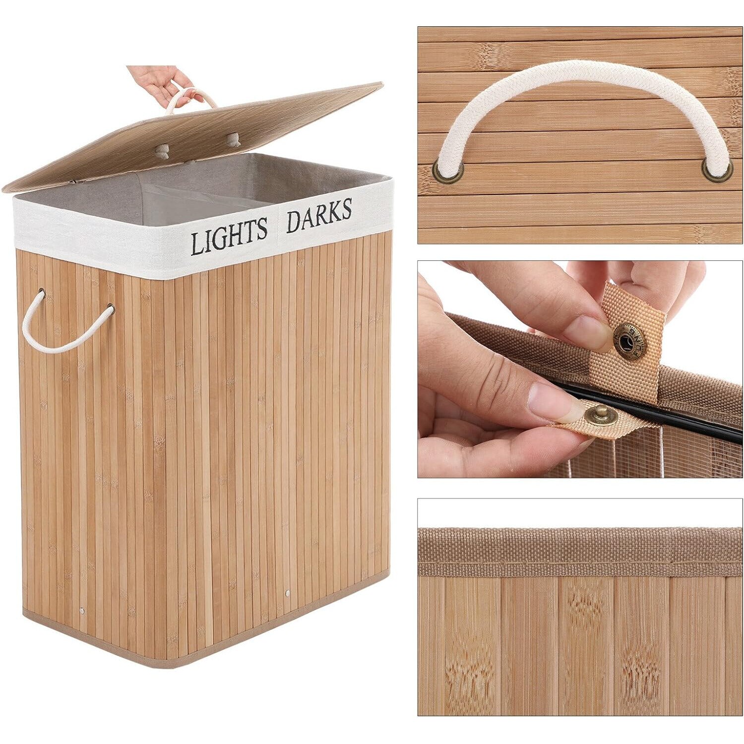 SONGMICS Cos de rufe din bambus cu capac, 2 compartimente, sac ...