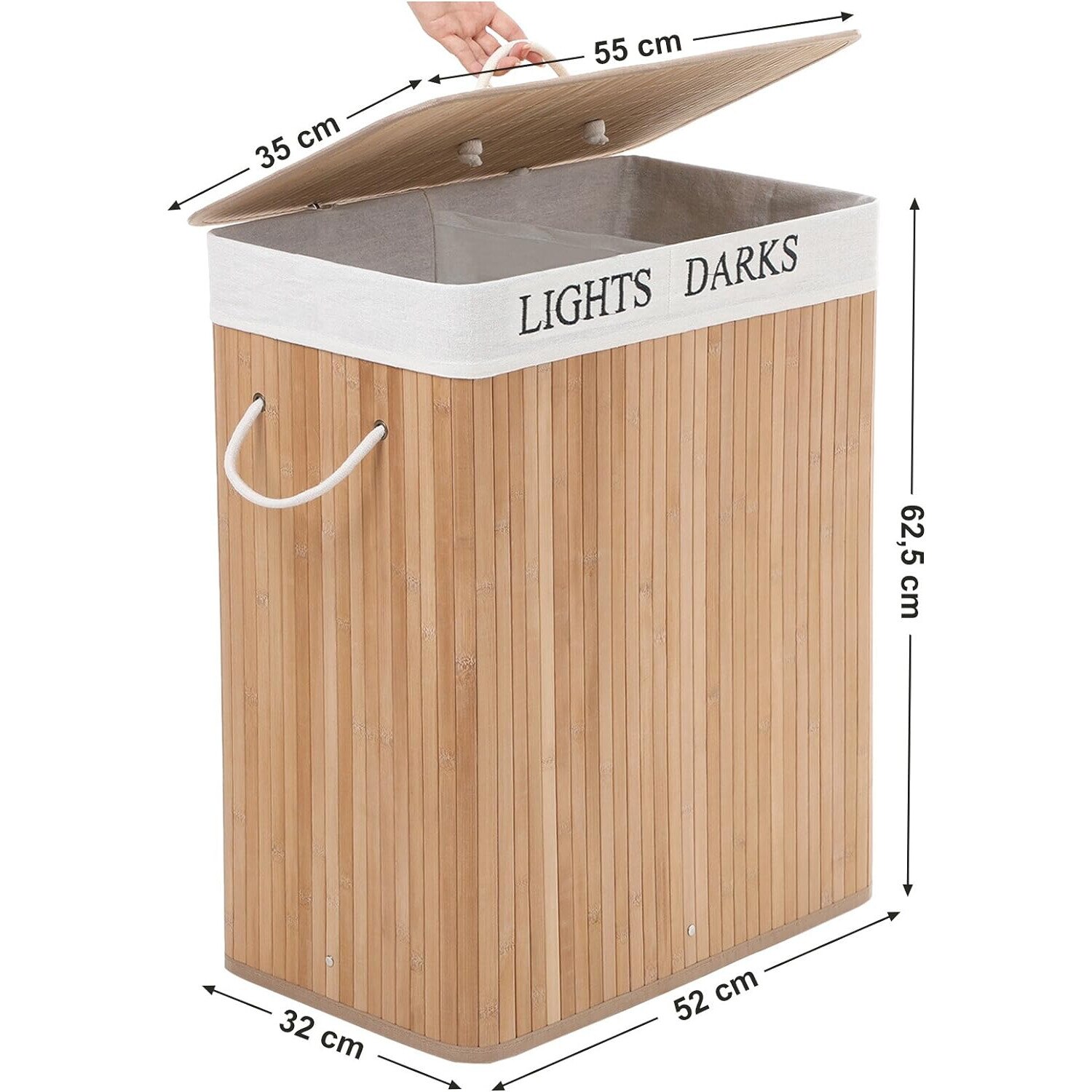SONGMICS Cos de rufe din bambus cu capac, 2 compartimente, sac ...
