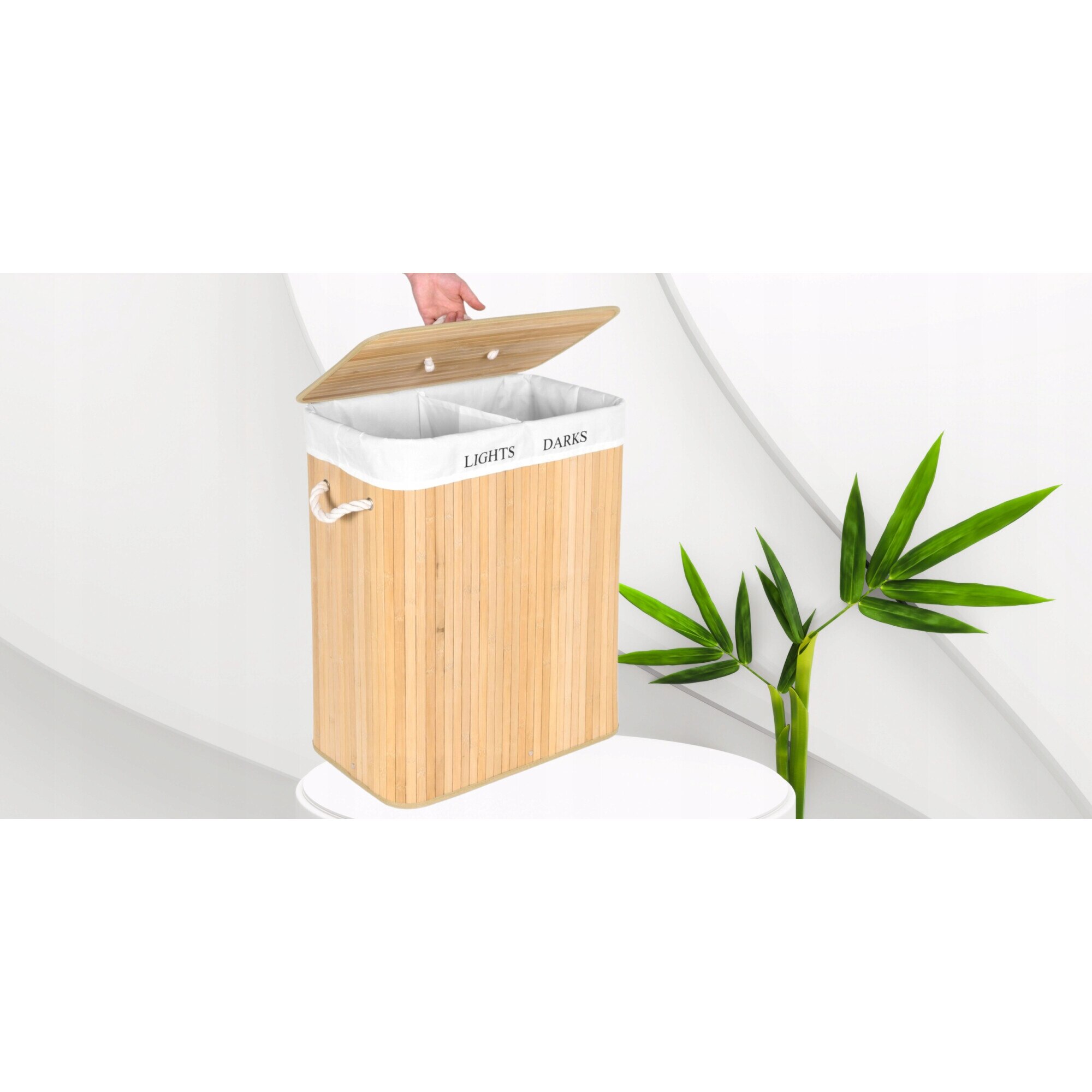 SONGMICS Cos de rufe din bambus cu capac, 2 compartimente, sac ...