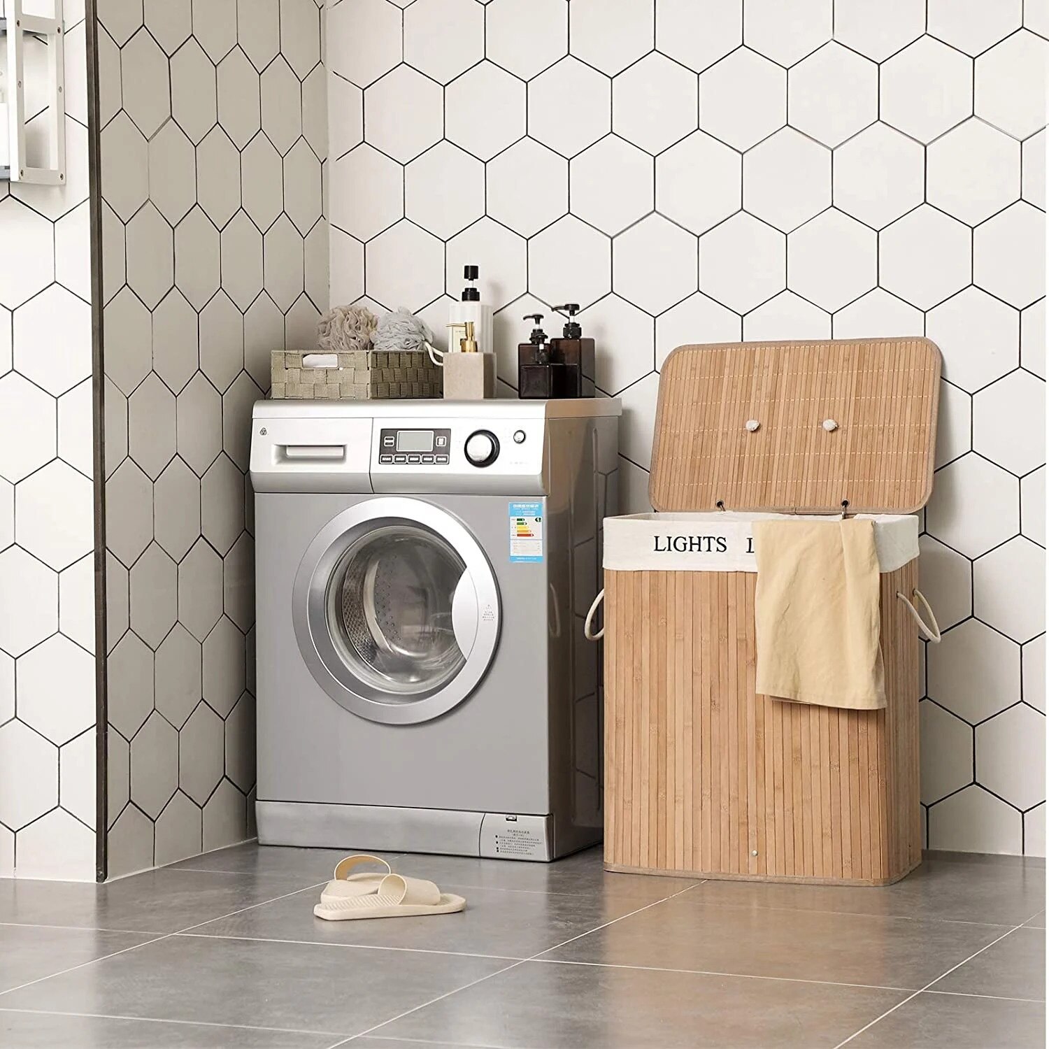 SONGMICS Cos de rufe din bambus cu capac, 2 compartimente, sac ...