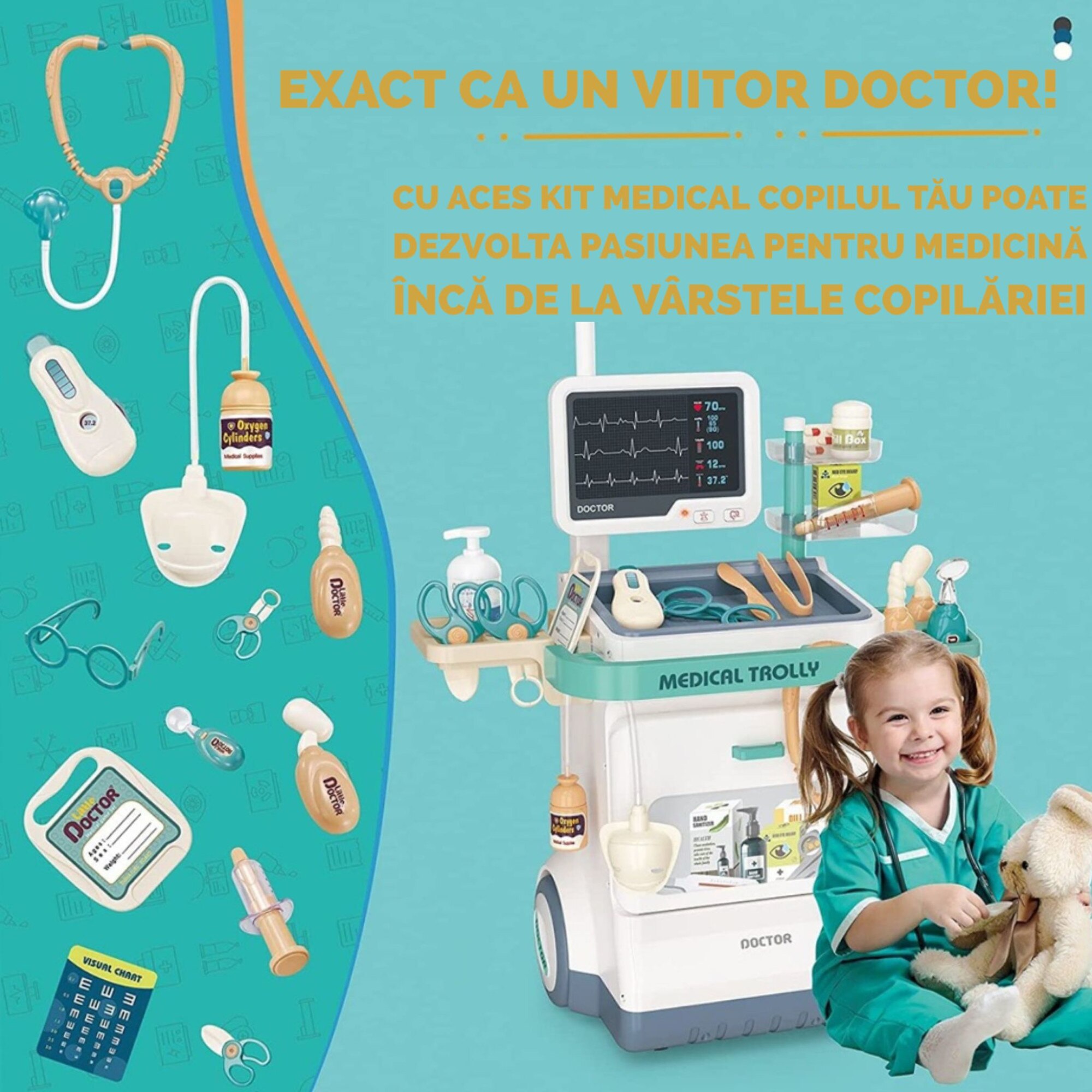 Set de Joaca Doctor, Carucior Medical pentru Copii, 26 Piese, cu Sunete ...