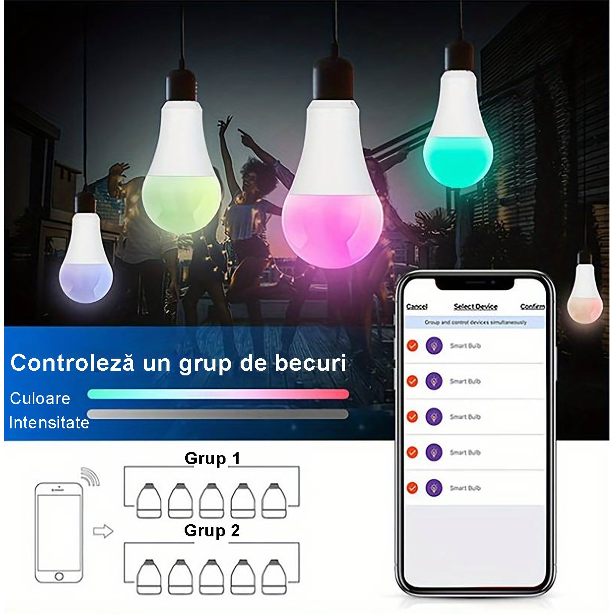 Pachet 4 becuri LED RGB inteligente, Wi-Fi, E27, 10W, 810 lm, lumina ...
