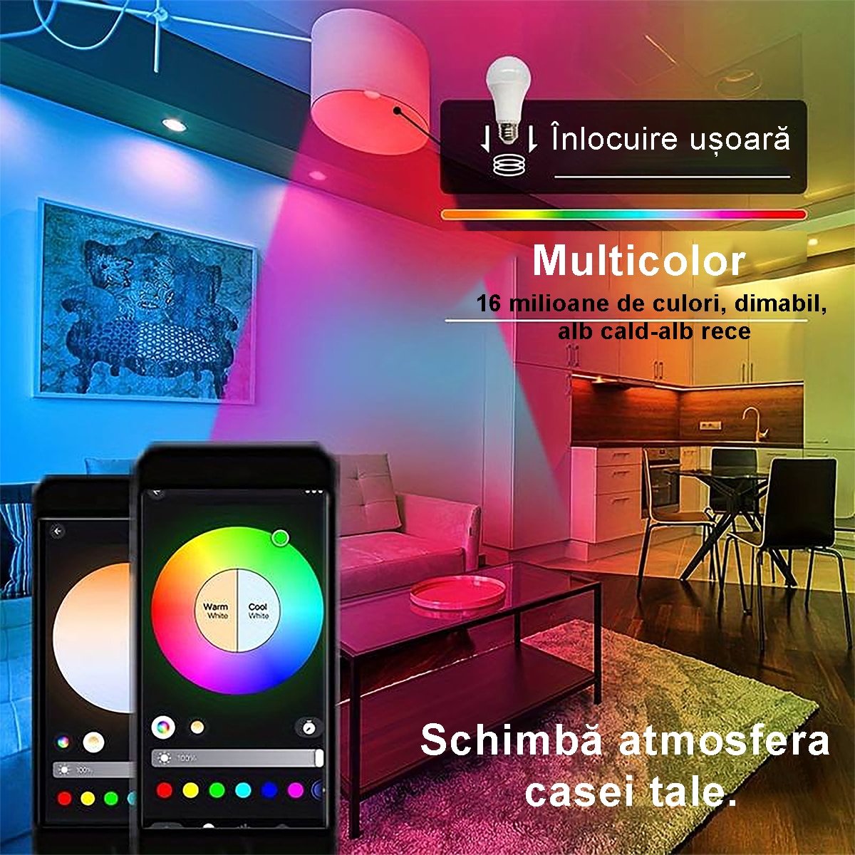 Bec LED RGB inteligent, Wi-Fi, E27, 10W, 810 lm, lumina alba si ...