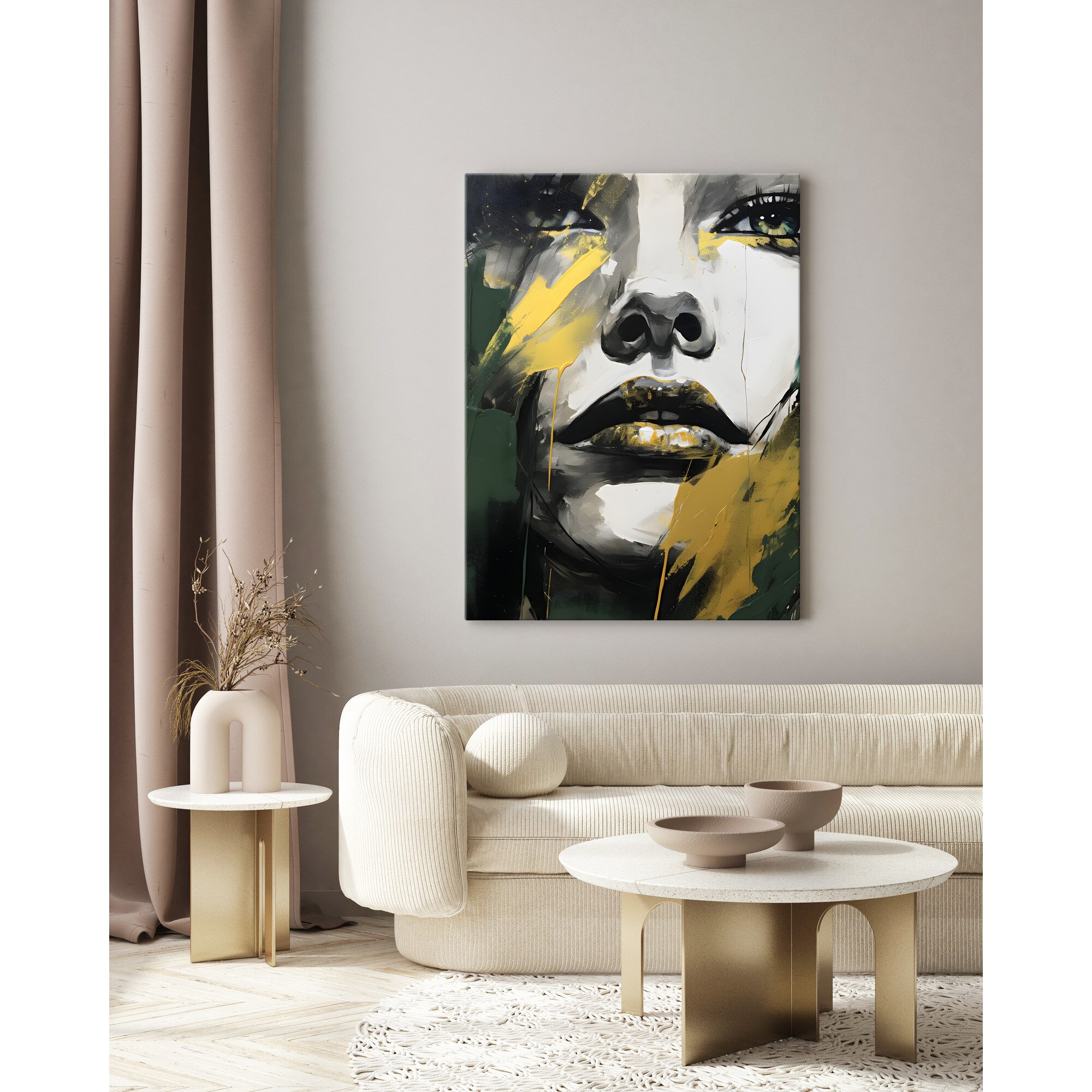 Muralo Tablou chip de femeie moderna, portret, panza cu elemente aurii ...