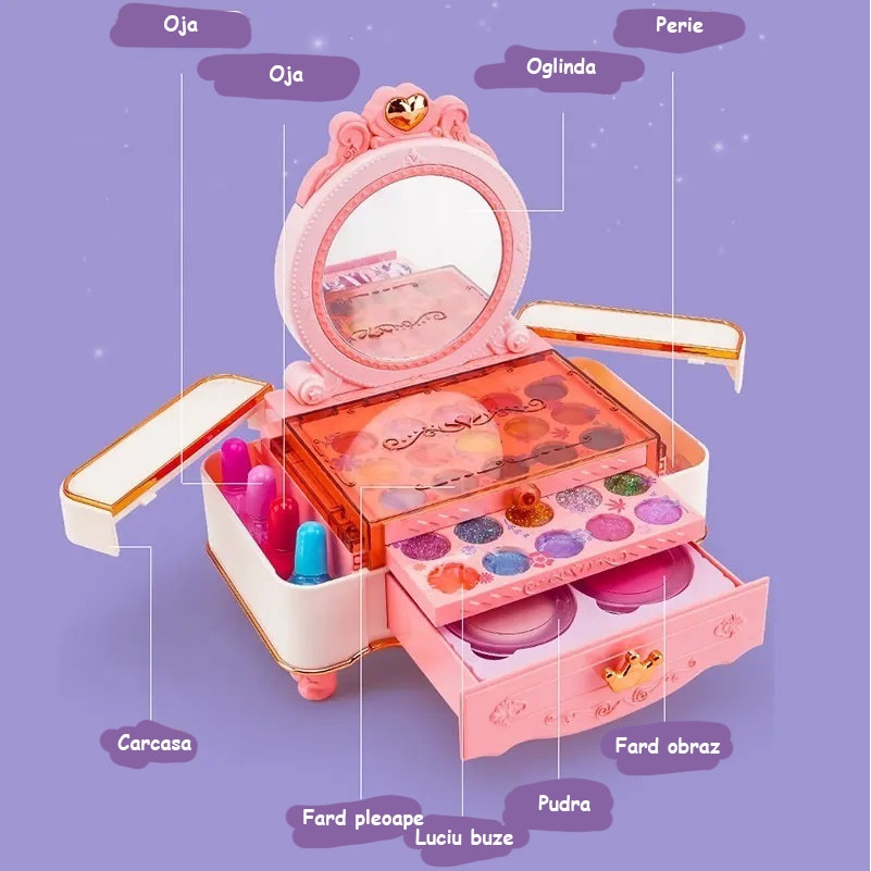 Trusa de machiaj copii cu oglinda WePro Store, solubile in apa, ruj ...