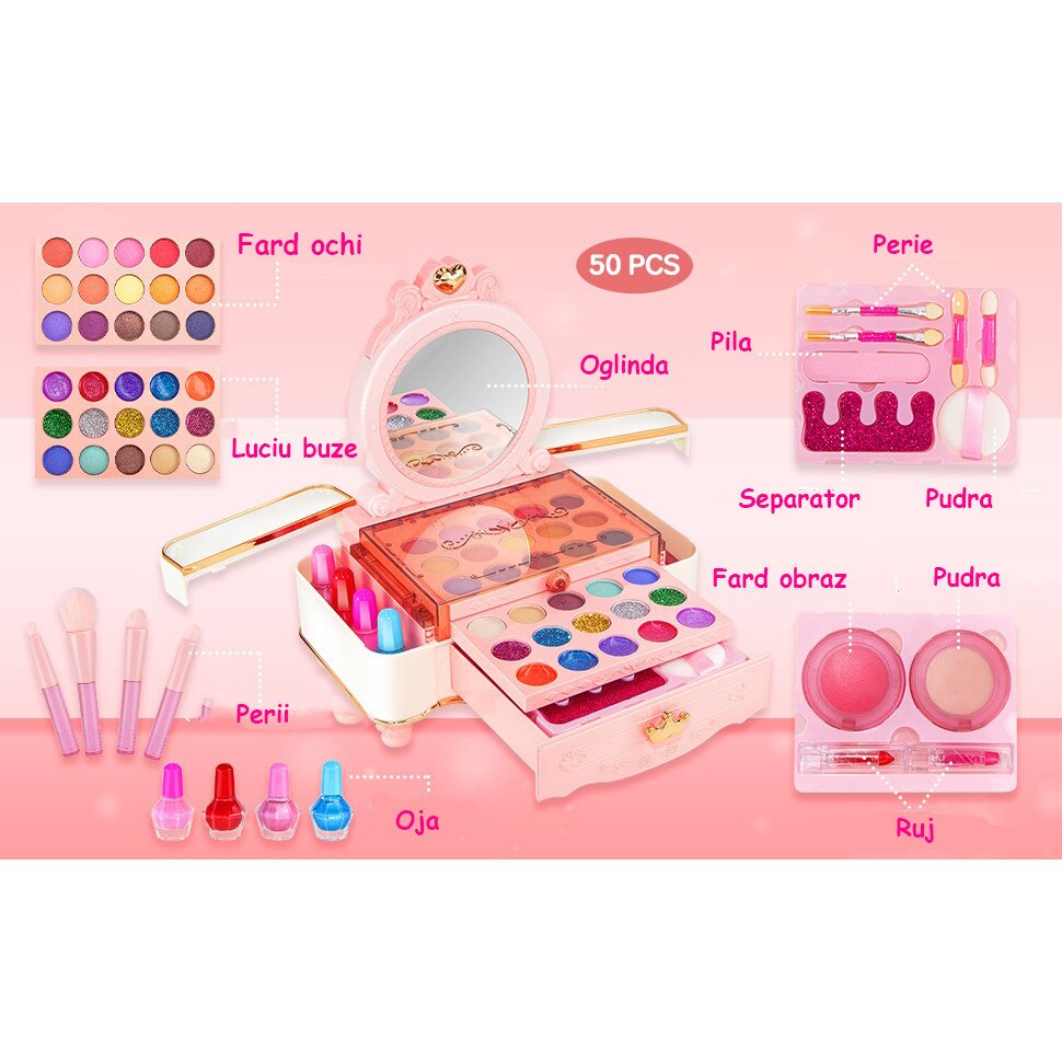 Trusa de machiaj copii cu oglinda WePro Store, solubile in apa, ruj ...