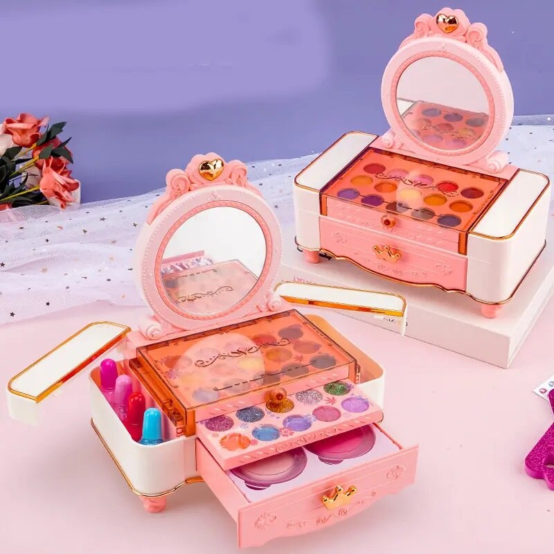 Trusa de machiaj copii cu oglinda WePro Store, solubile in apa, ruj ...