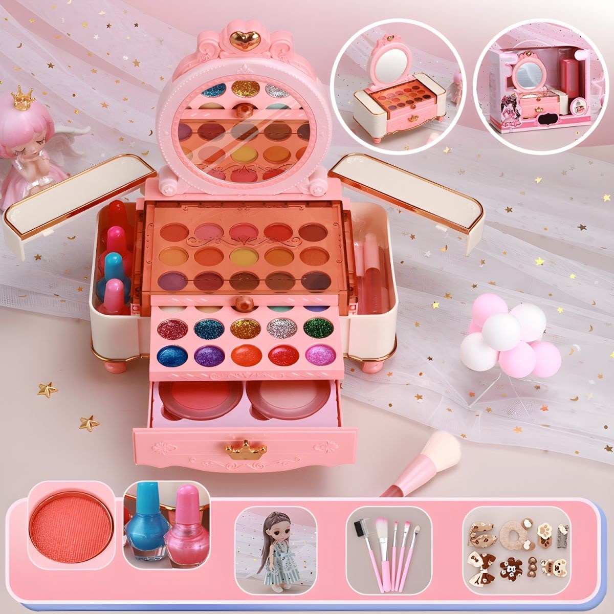 Trusa de machiaj copii cu oglinda WePro Store, solubile in apa, ruj ...