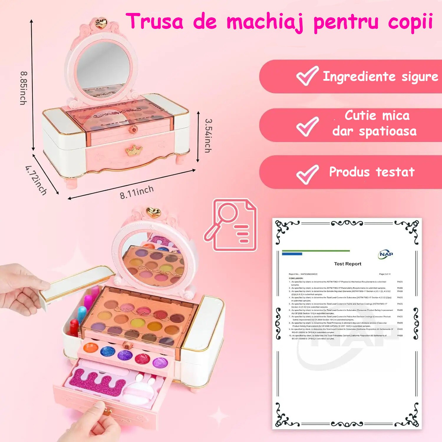 Trusa de machiaj copii cu oglinda WePro Store, solubile in apa, ruj ...