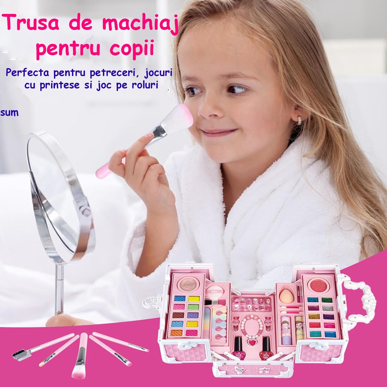 Trusa de machiaj copii WePro Store, 47 elemente pentru Make-Up, geanta ...