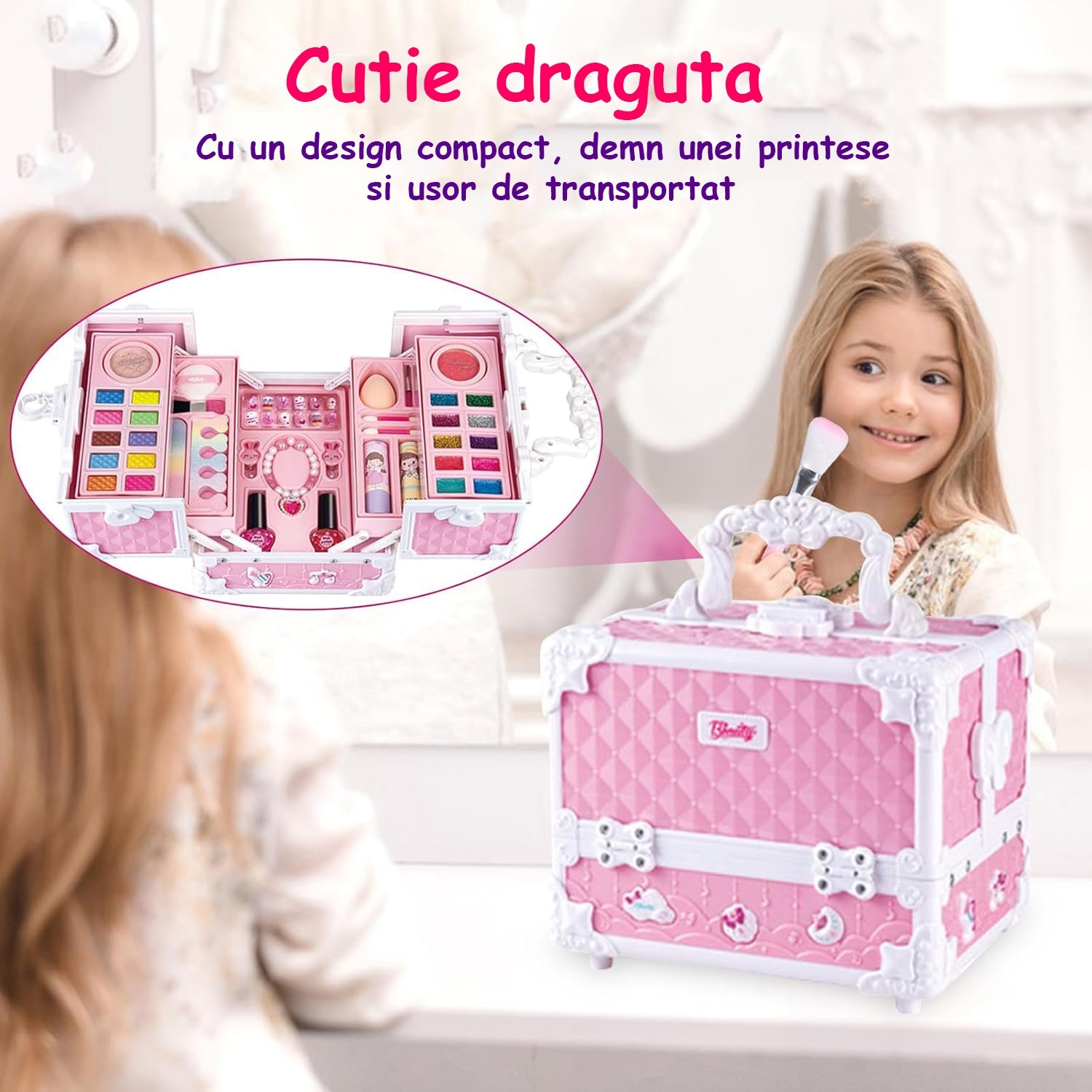 Trusa de machiaj copii WePro Store, 47 elemente pentru Make-Up, geanta ...