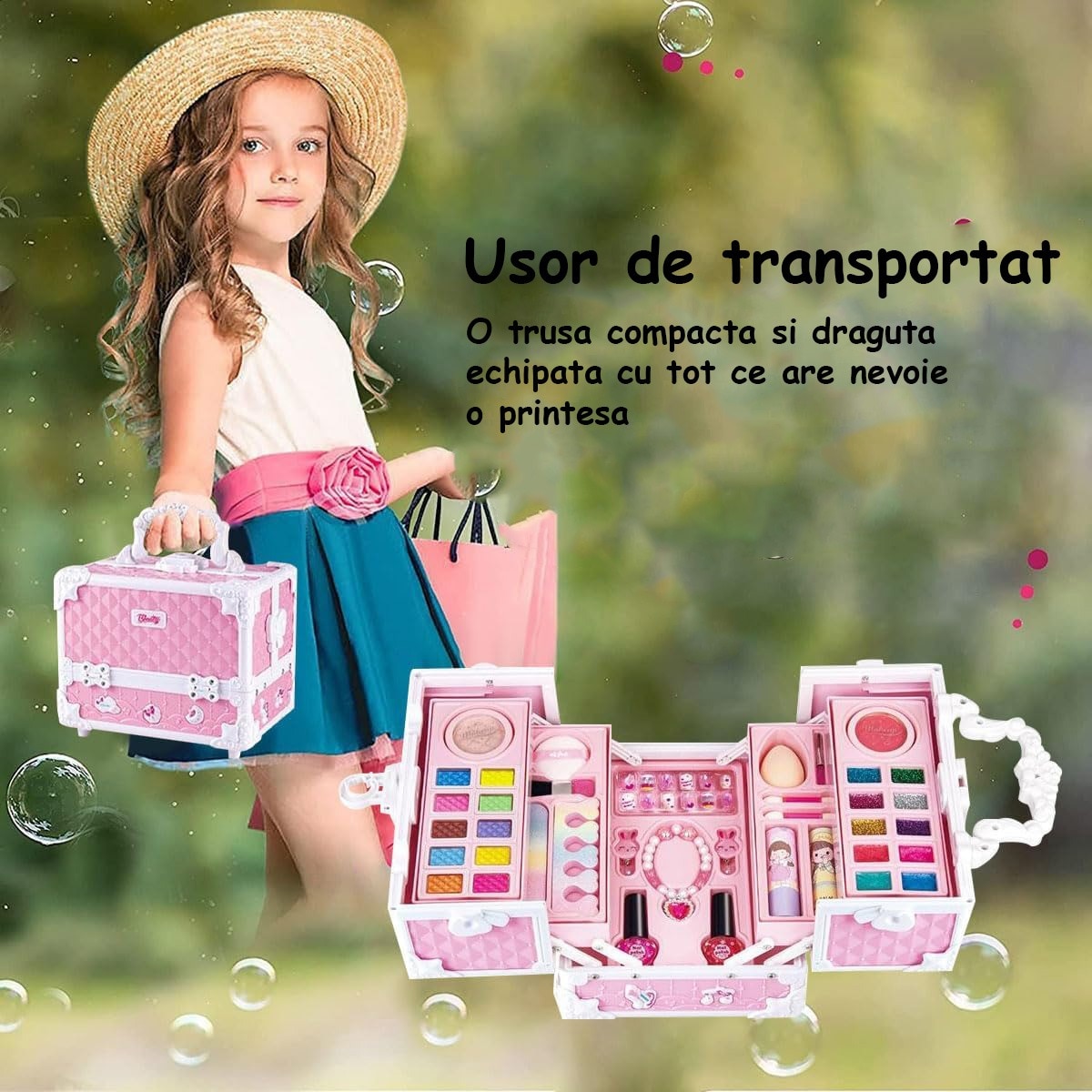 Trusa de machiaj copii WePro Store, 47 elemente pentru Make-Up, geanta ...