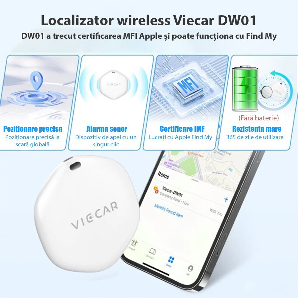 Set Dispozitiv Anti-pierdere Viecar DW01 GPS Tracker, Bluetooth, Smart ...