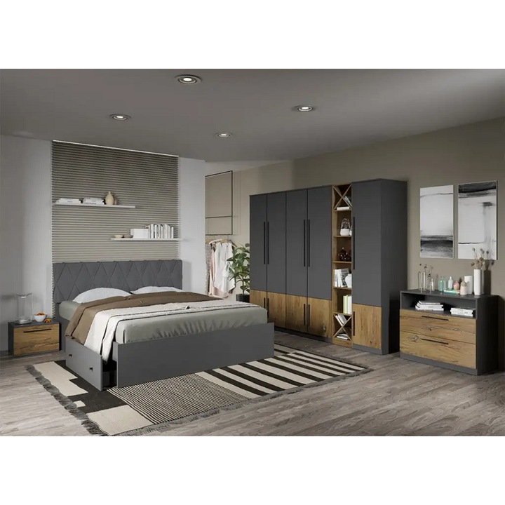 Set dormitor complet, Gri cu Flagstaff Oak, Sidney, C47, Pat 160x200 ...