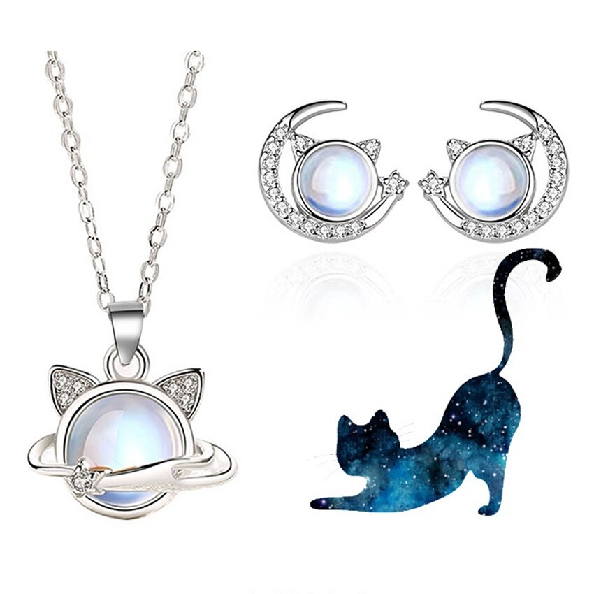 Set bijuterii dama cercei cu colier, Chucai, Model de pisica Star Moon ...