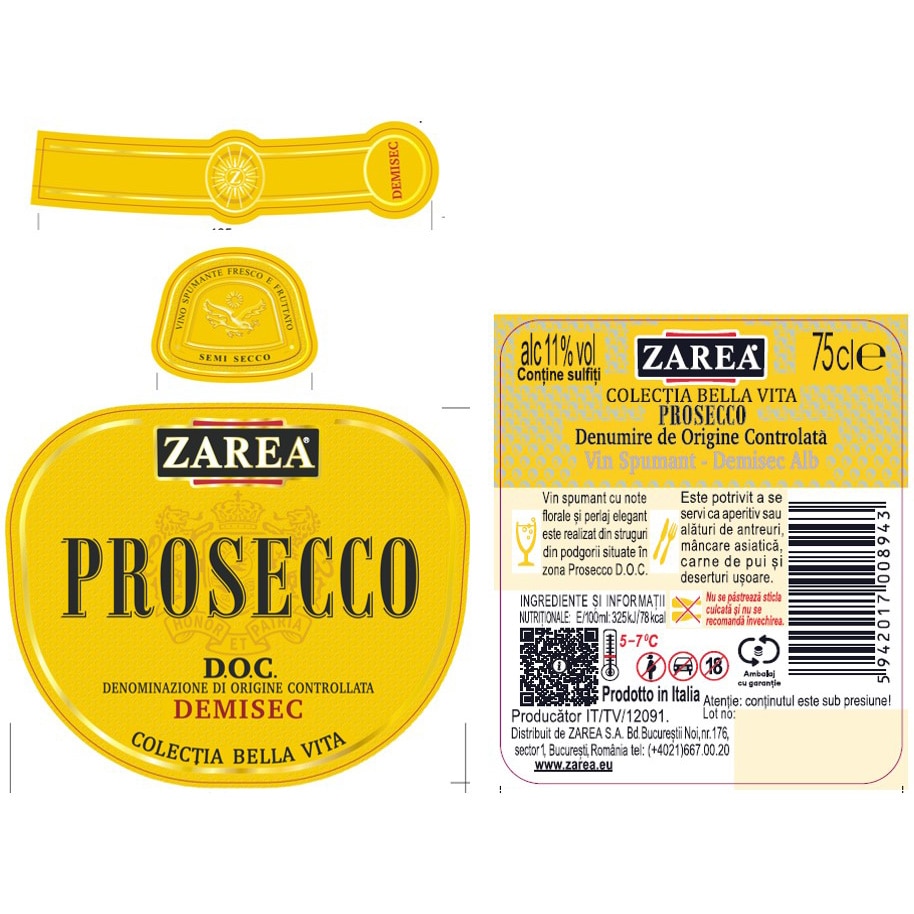 Prosecco Zarea Bella Vita, D.O.C, Demisec, 0.75l - eMAG.ro