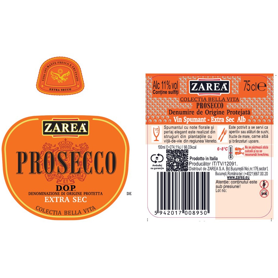 Prosecco Zarea Bella Vita, D.O.C, Extra Dry, 0.75l - eMAG.ro