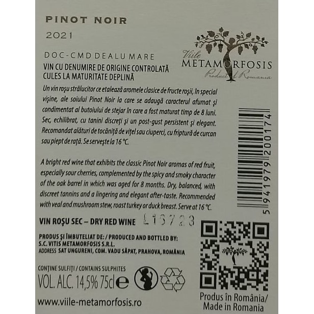 Vin Rosu Viile Metamorfosis Pinot Noir, Sec, 0.75l - eMAG.ro