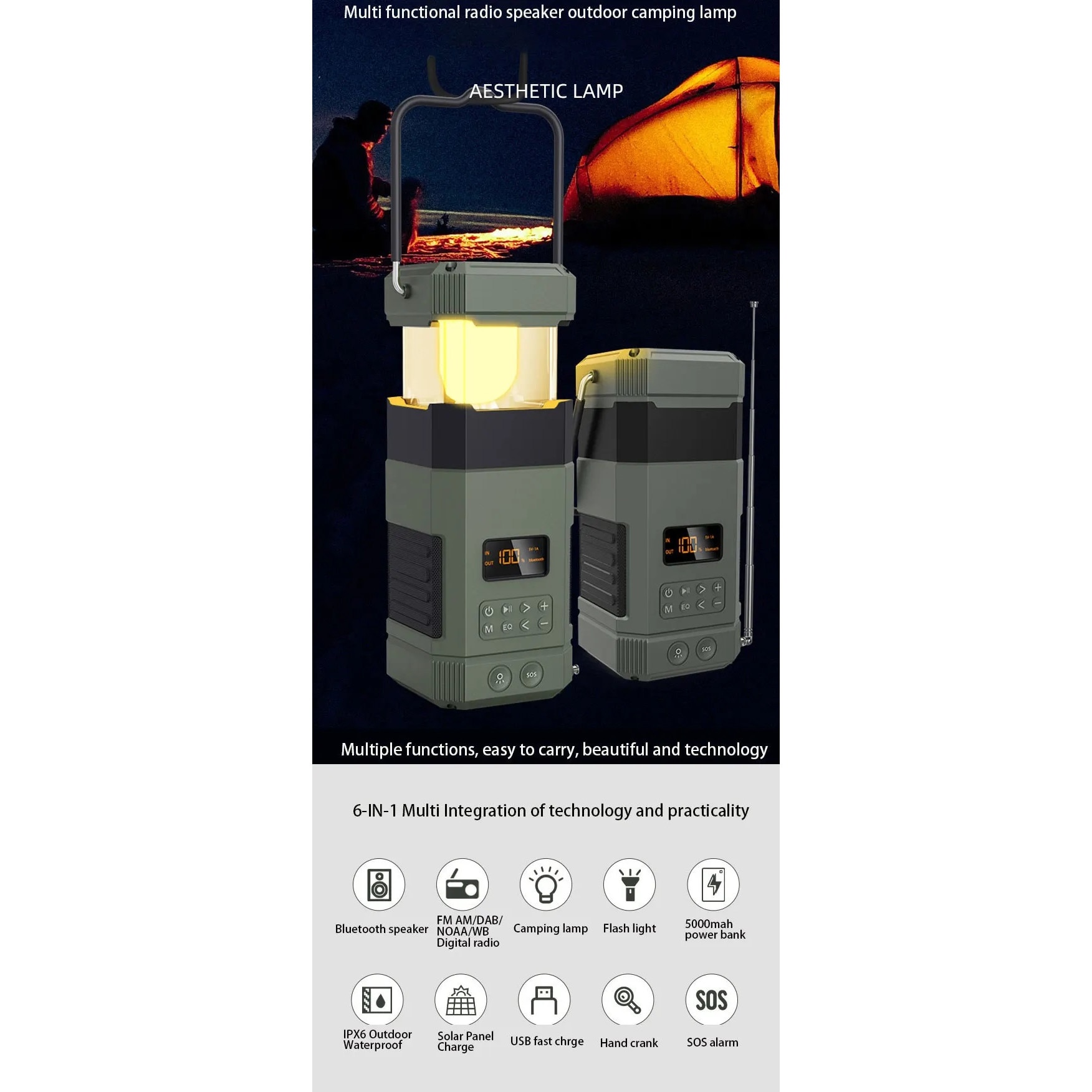 Radio portabil multifunctional AM-FM, ZEEVOS, incarcare solara si ...