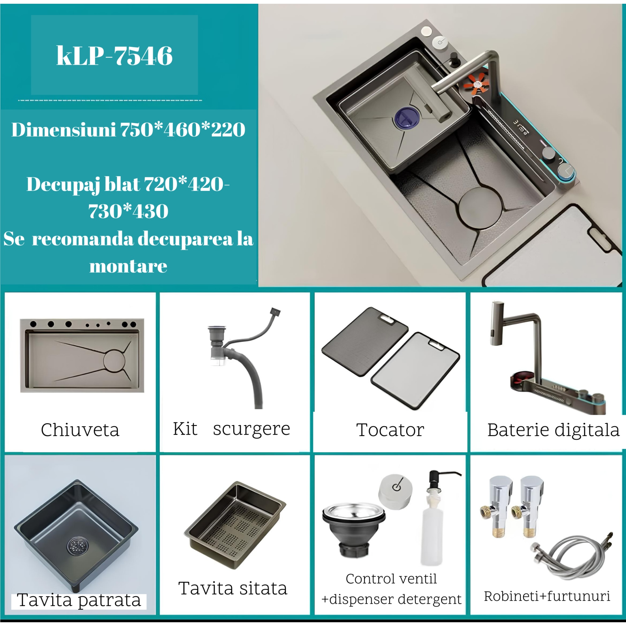 Chiuveta multifunctionala cu accesorii, Kllaps KLP-7546, baterie ...