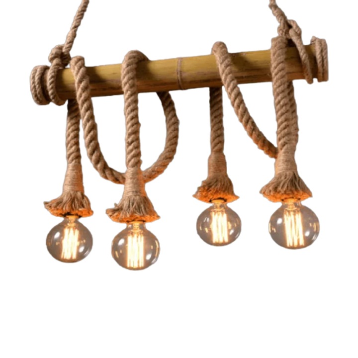 Lustra tip pendul Vintage cu 4 socluri E27, pe lemn de Bambus si sfoara ...
