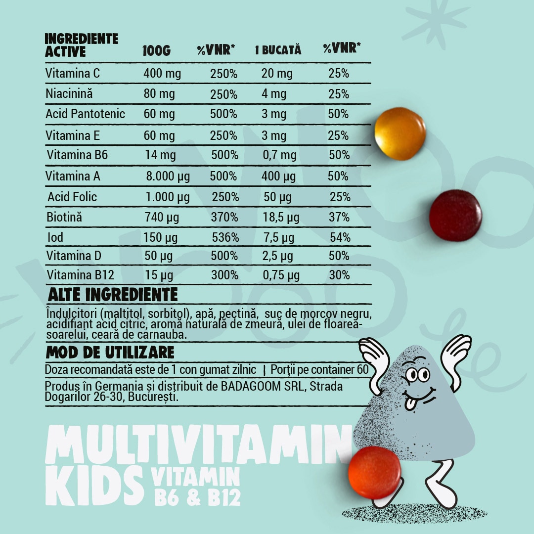 Supliment alimentar BADAGOOM Kids, Multivitamine si Minerale pentru copii, jeleuri pentru 60 ...