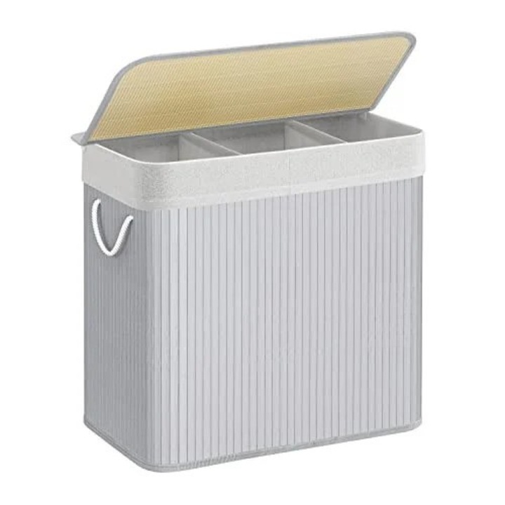 Cos de rufe cu capac si 3 compartimente, bambus, gri, Songmics - eMAG.ro