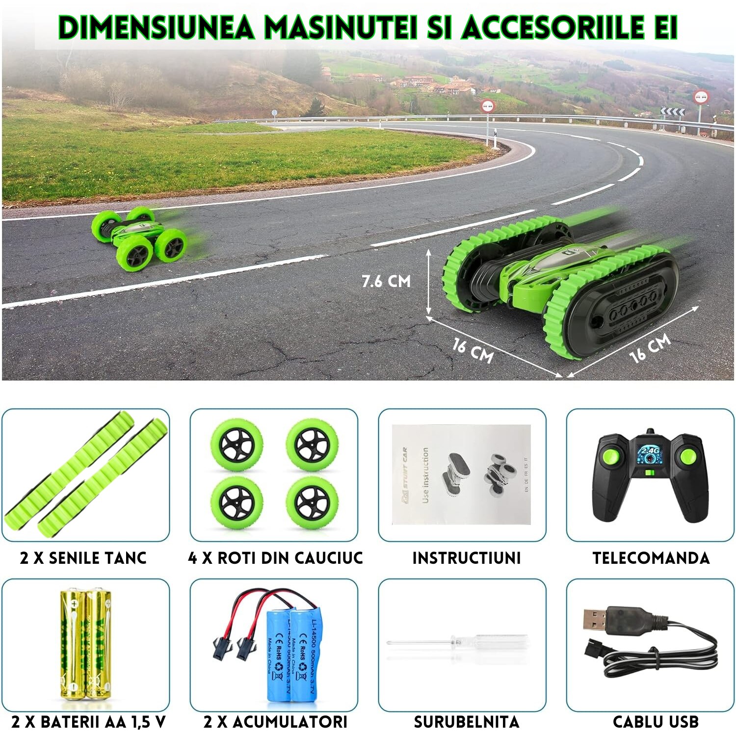 Masinuta cu telecomanda RC 2 in 1, sistem 4WD, rotire 360°, rasturnari ...