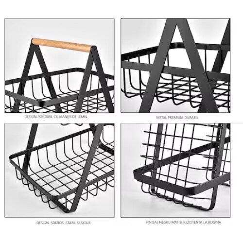 Cos decorativ pentru fructe si legume, Metal, 3 etaje, Negru, 20*40.3* ...