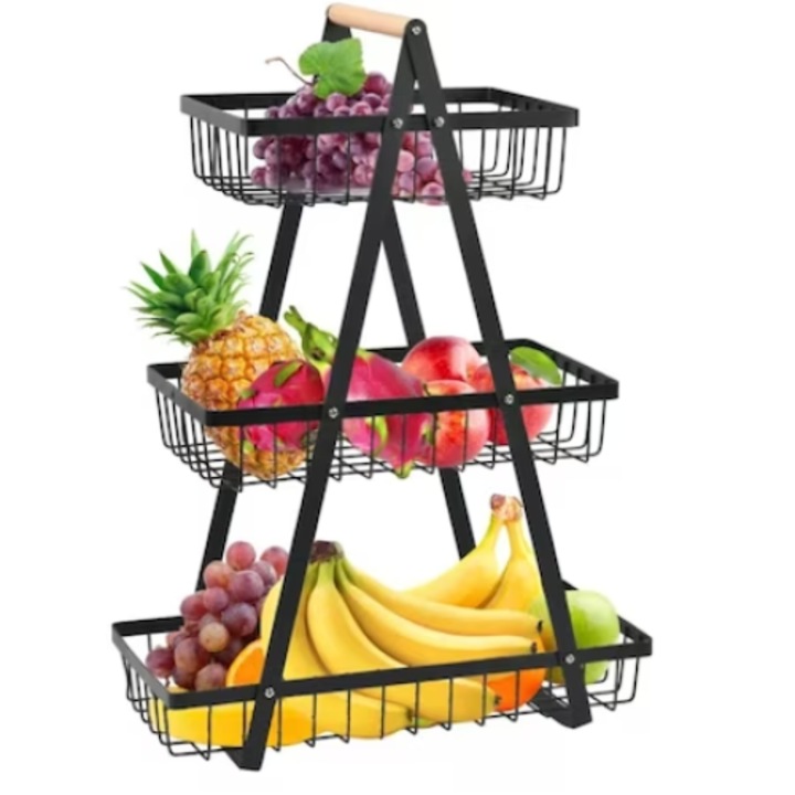 Cos decorativ pentru fructe si legume, Metal, 3 etaje, Negru, 20*40.3* ...