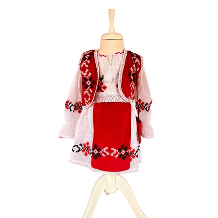 Costum popular fete, alb/rosu, 4 piese, 4-5 ani, model 1 - eMAG.ro